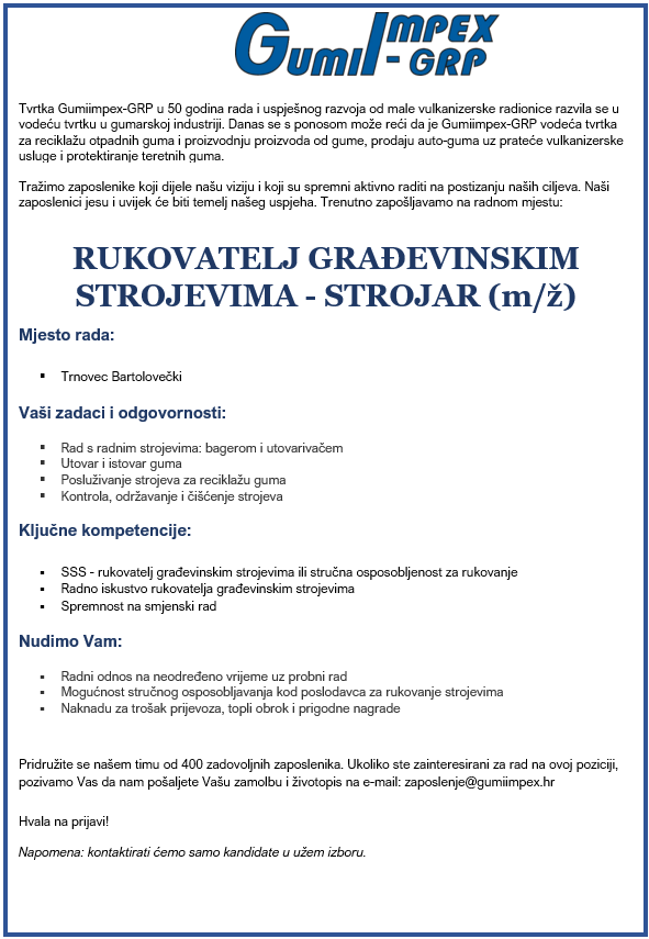 RUKOVATELJ GRAĐEVINSKIM STROJEVIMA - STROJAR (m/ž)