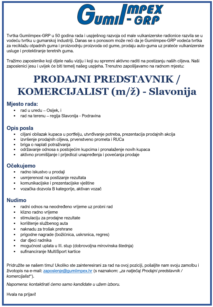 PRODAJNI PREDSTAVNIK / KOMERCIJALIST (m/ž) – Osijek
